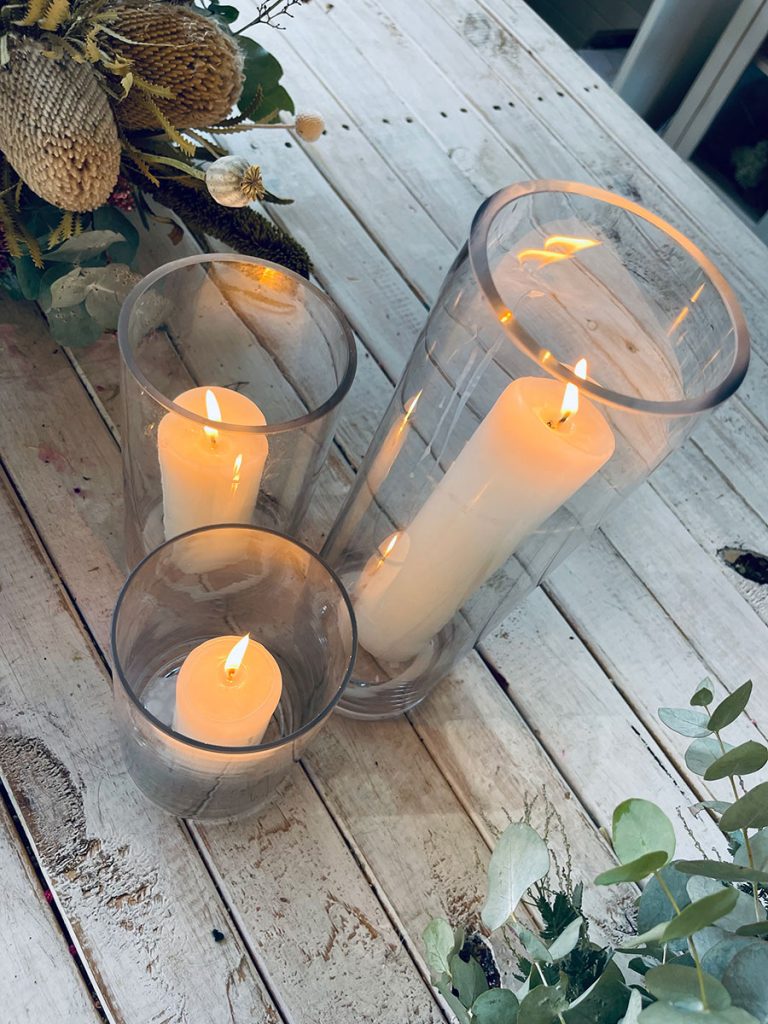 Set of 3 glass cylinders - Lukes Barrel Hire Perth